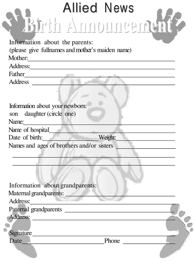 Birth announcement template in Word and Pdf formats