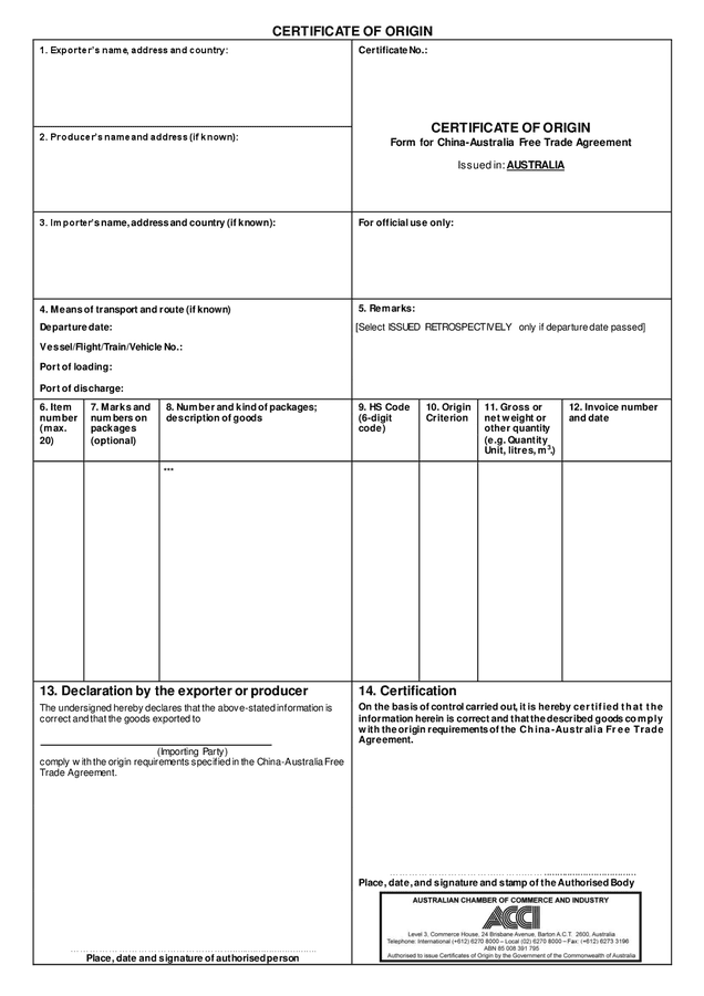 Certificate of origin (Australia) in Word and Pdf formats