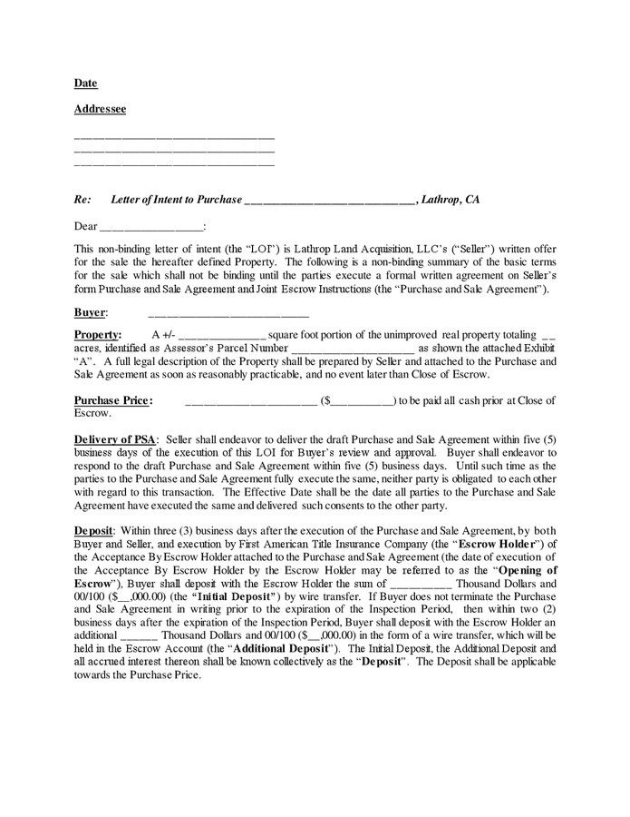 Letter of intent to purchase real estate (California) in Word and Pdf ...