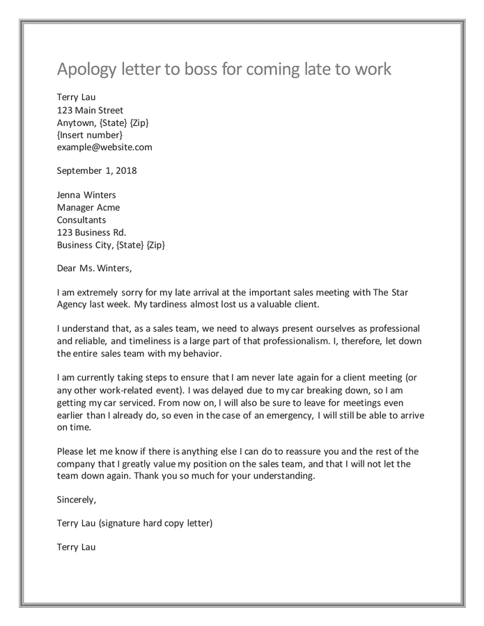 Apology letter to boss for coming late to work in Word and Pdf formats
