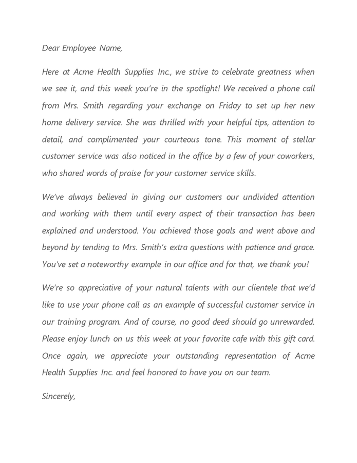 Employee recognition letter in Word and Pdf formats