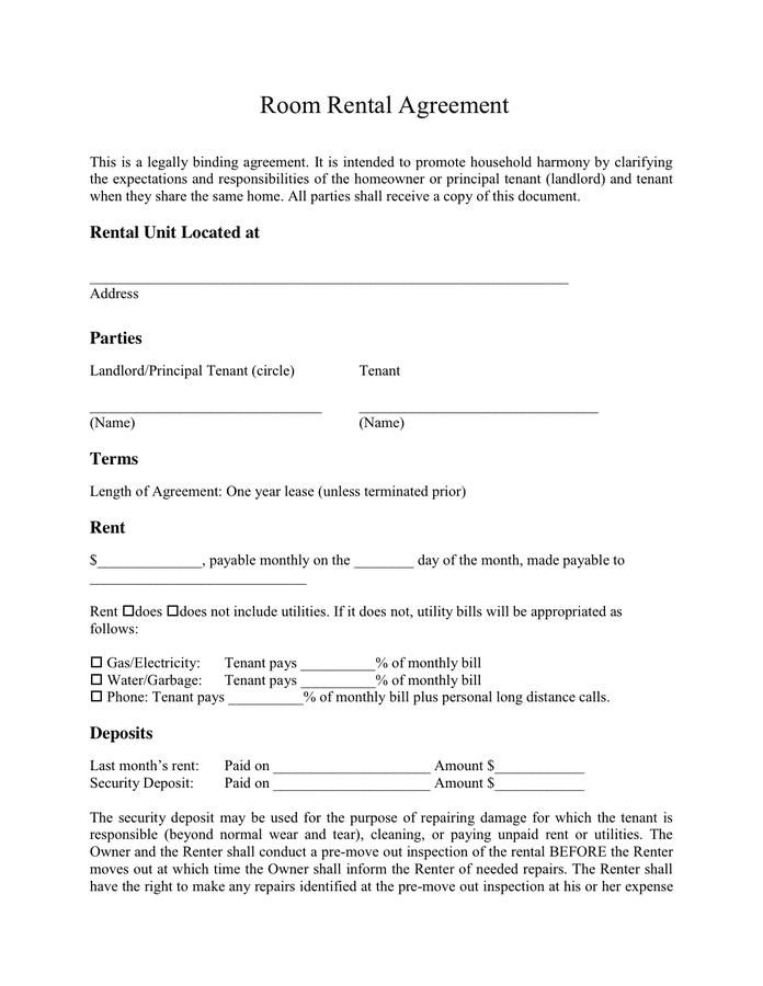 Room Rental Agreement In Word And Pdf Formats