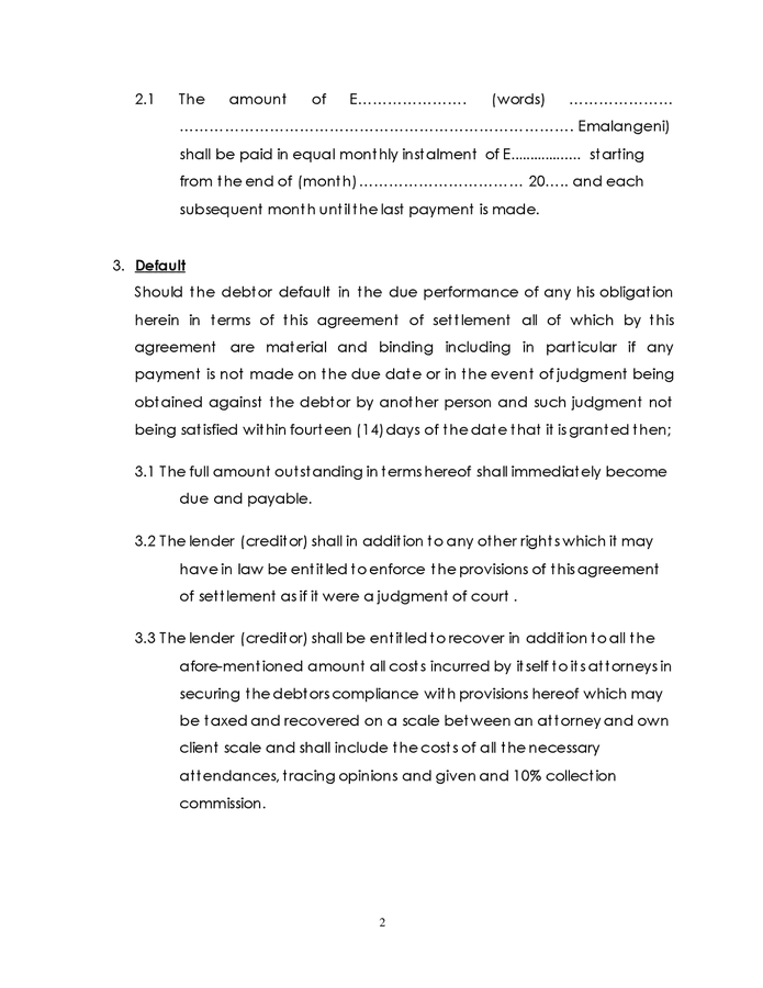 Acknowledgement of debt / agreement of settlement in Word and Pdf formats - page 2 of 3