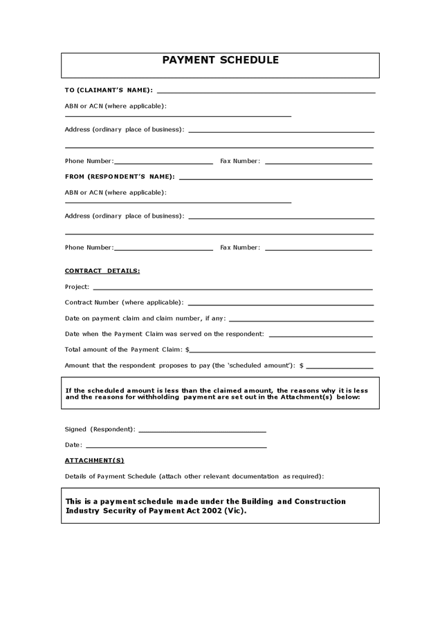 Payment schedule template in Word and Pdf formats