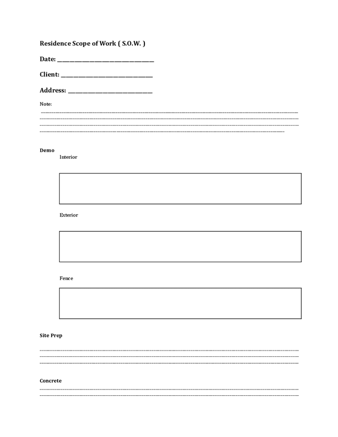 Residence scope of work template in Word and Pdf formats