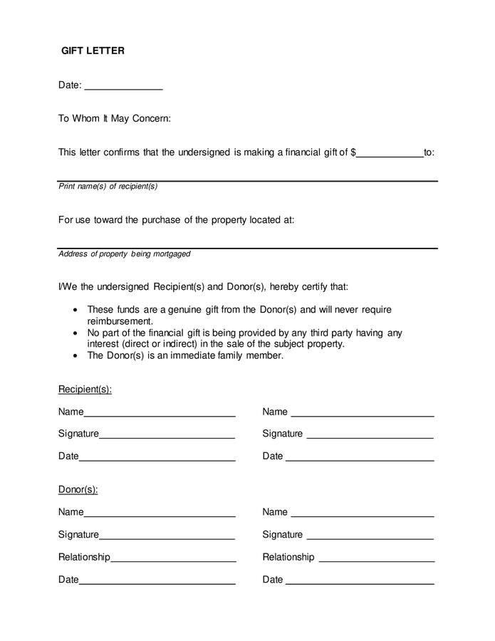 Gift letters for mortgage in Word and Pdf formats