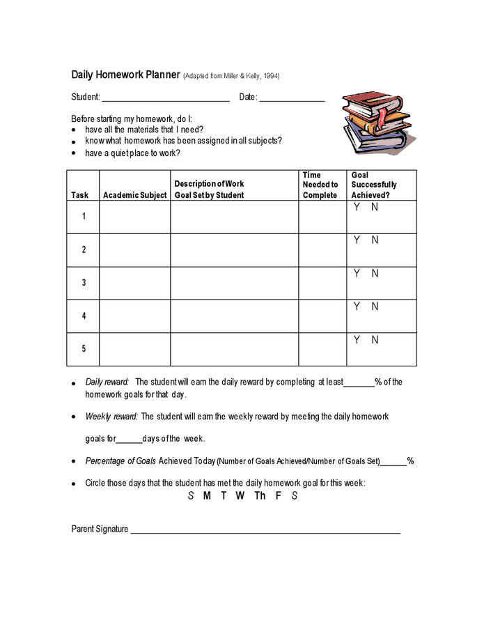 Daily homework planner in Word and Pdf formats