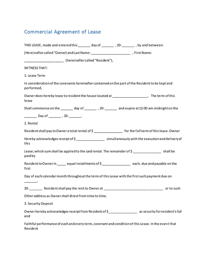 Commercial agreement of lease in Word and Pdf formats