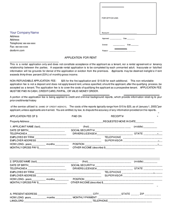 Application for rent in Word and Pdf formats
