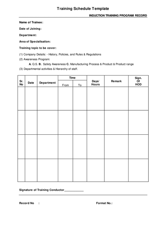 Training schedule template in Word and Pdf formats