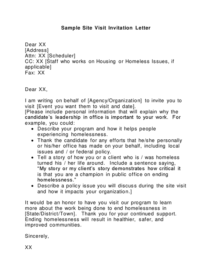 Sample site visit invitation letter in Word and Pdf formats