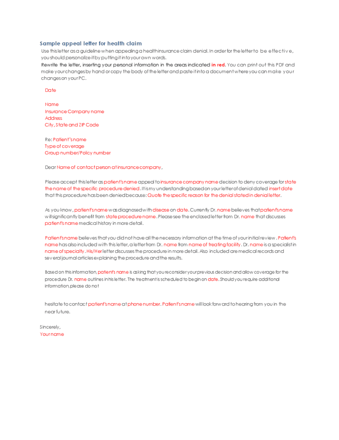 Sample appeal letter for health claim in Word and Pdf formats