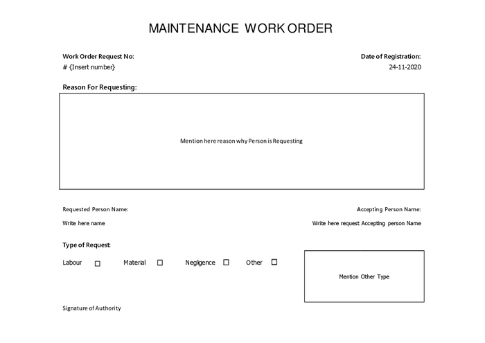 Maintenance work order in Word and Pdf formats