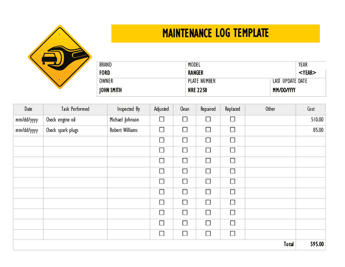 Maintenance log template in Word and Pdf formats