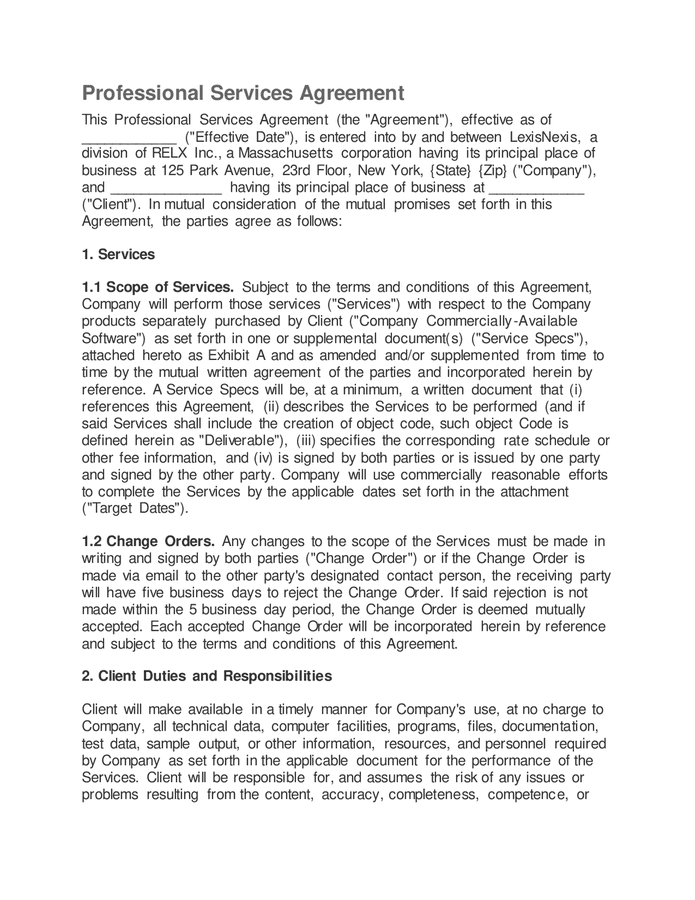 Professional services agreement in Word and Pdf formats