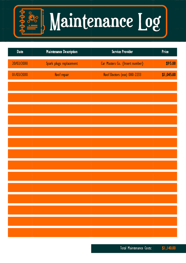 Maintenance log in Word and Pdf formats