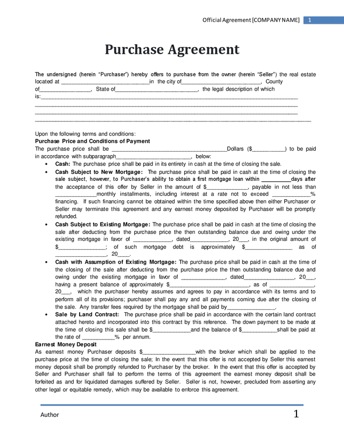 Purchase Agreement Template - download free documents for PDF, Word and ...