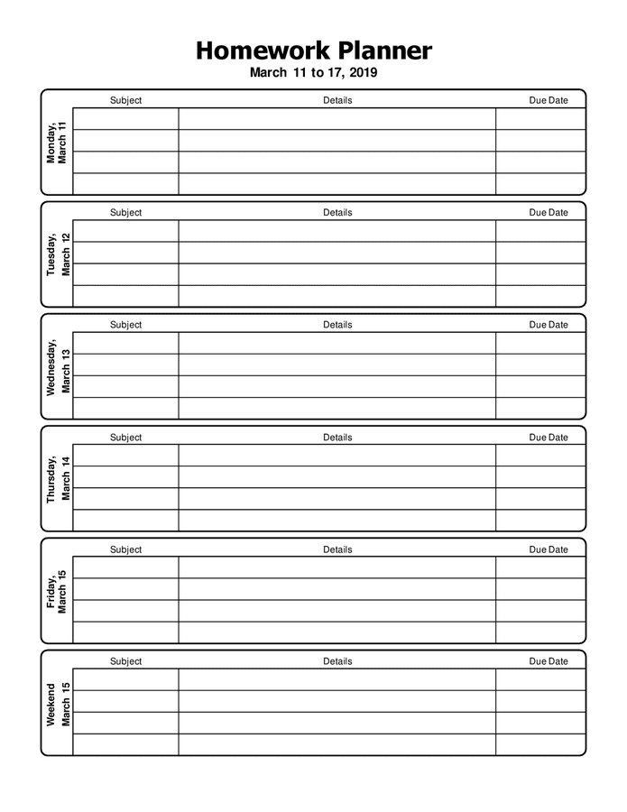 Homework planner in Word and Pdf formats