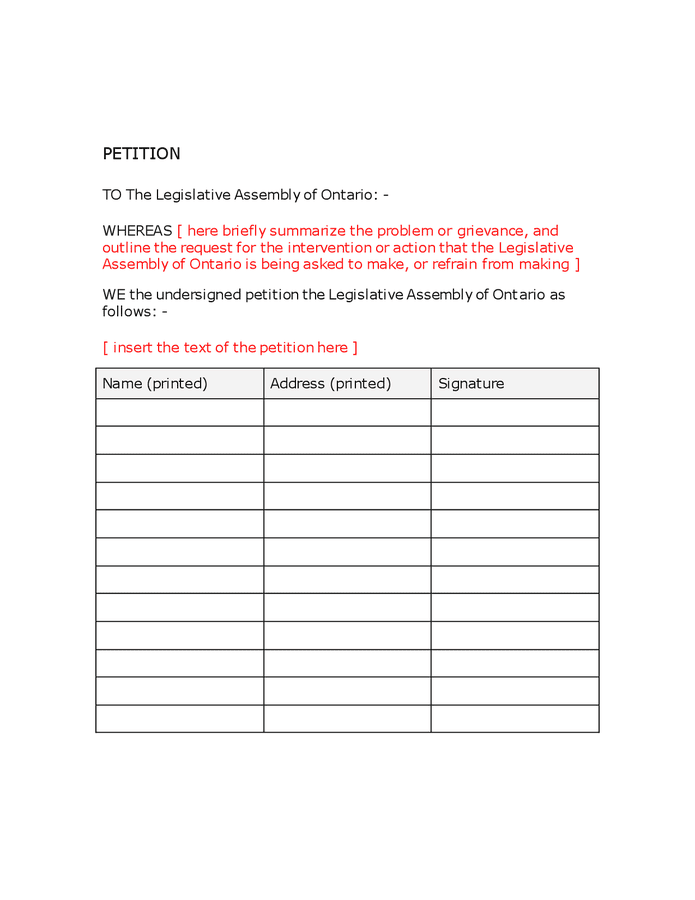 Petition template (Ontario) in Word and Pdf formats