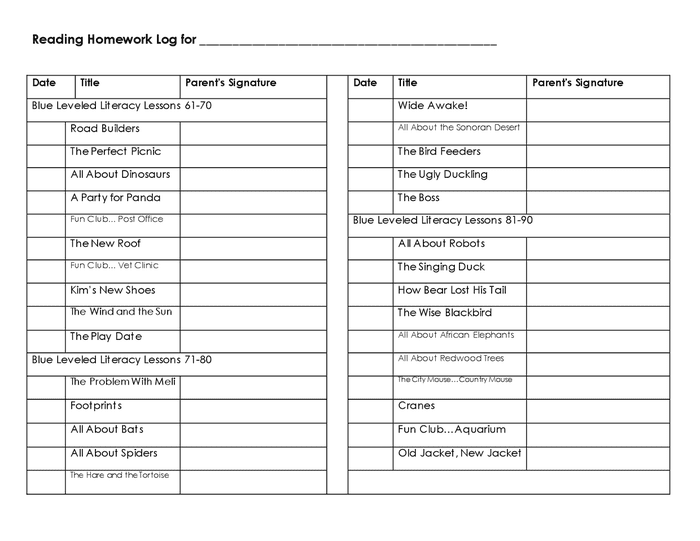 Reading homework log in Word and Pdf formats