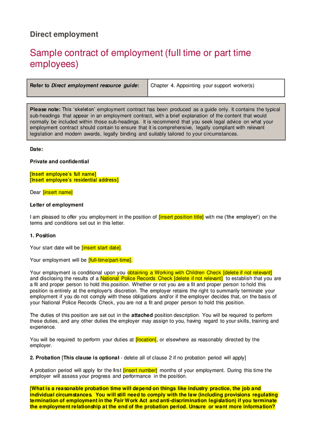 Sample employment contract: full-time/part-time employees in Word and ...
