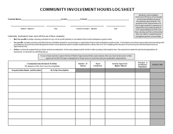 Community involvement hours log sheet in Word and Pdf formats