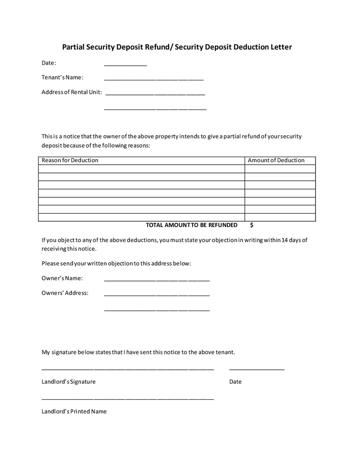 Partial security deposit refund letter in Word and Pdf formats