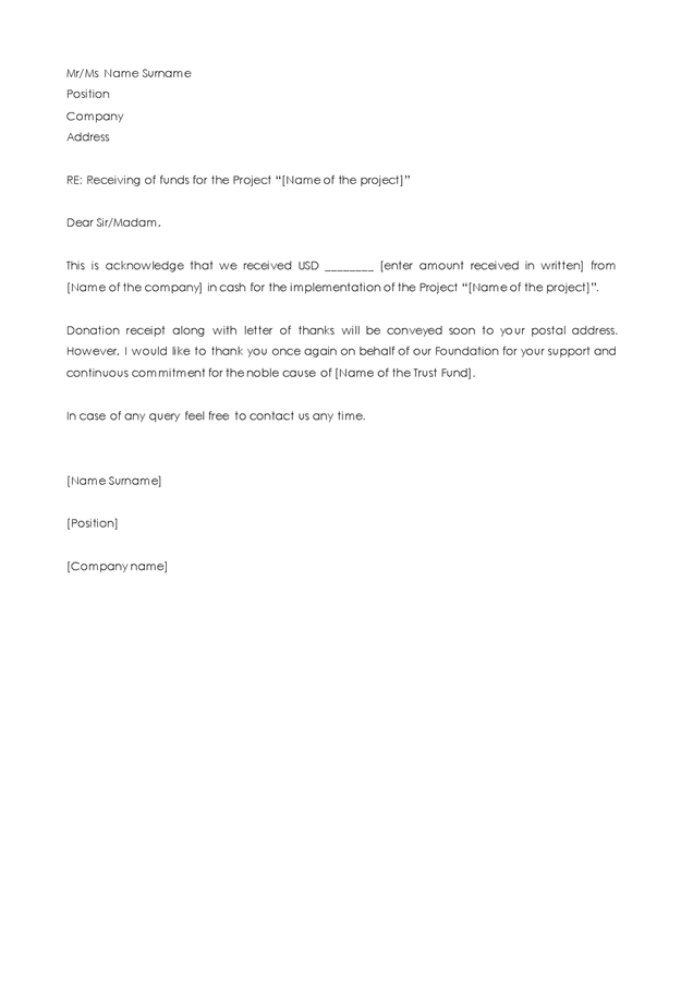 Receipt of funds acknowledgement in Word and Pdf formats