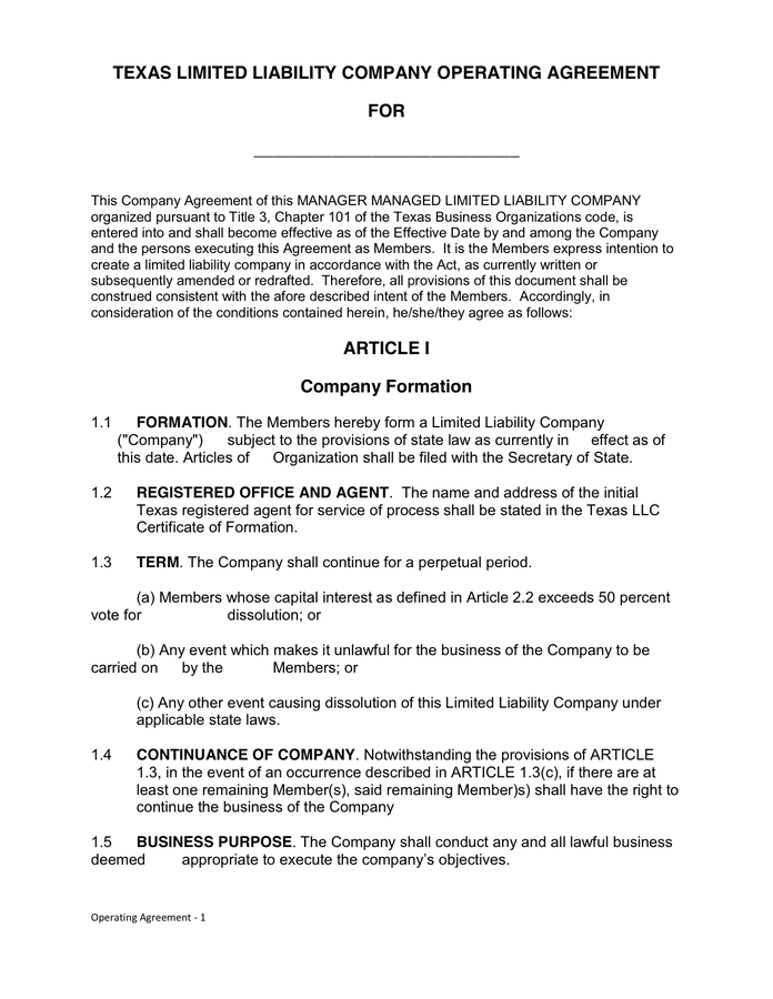Texas LLC Operating Agreement In Word And Pdf Formats