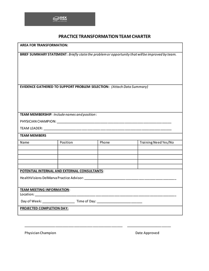 Practice transformation team charter in Word and Pdf formats