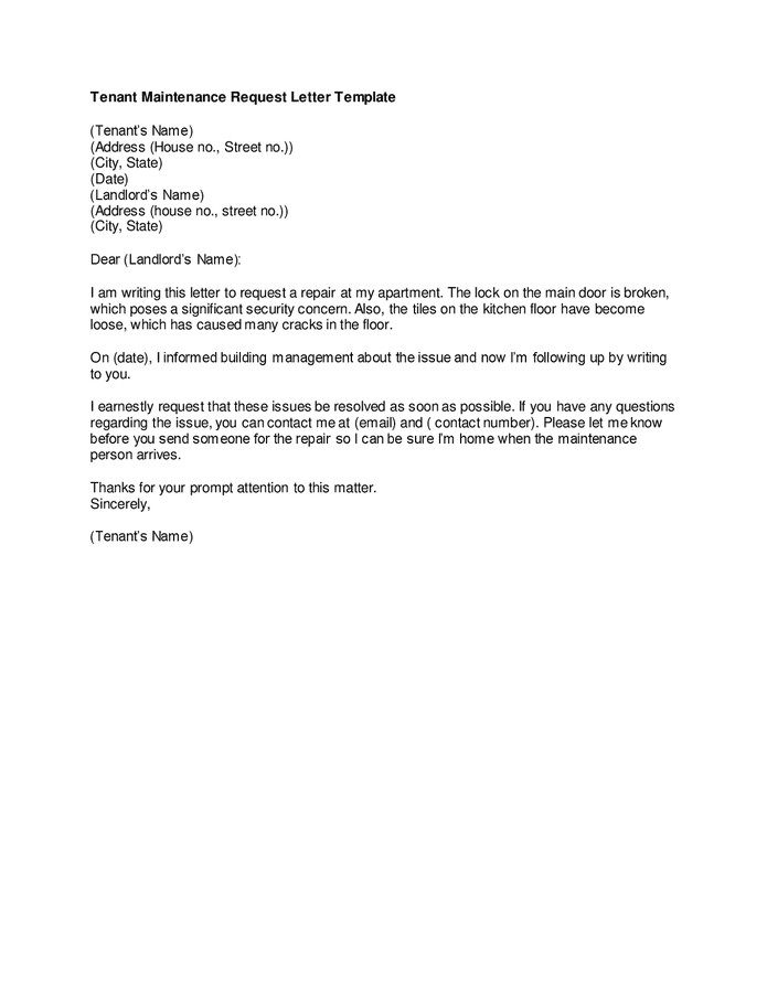 Tenant maintenance request letter template in Word and Pdf formats