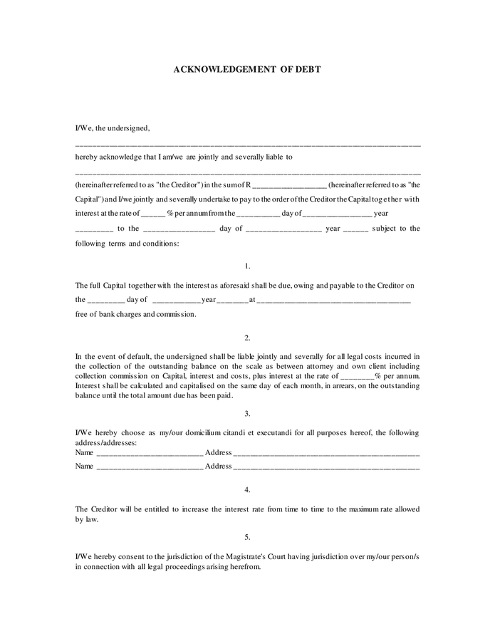 Acknowledgement of debt in Word and Pdf formats