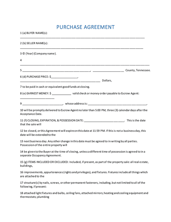 Purchase Agreement Template - download free documents for PDF, Word and ...