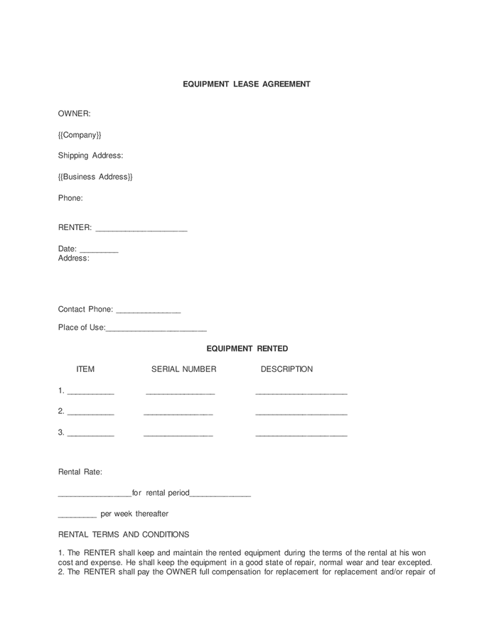 Equipment lease agreement in Word and Pdf formats