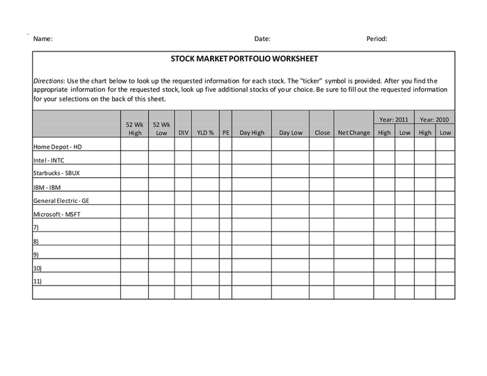 Stock market portfolio worksheet in Word and Pdf formats
