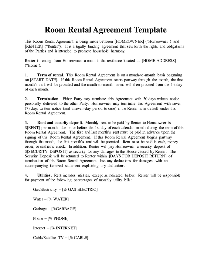 Room Rental Agreement - download free documents for PDF, Word and Excel