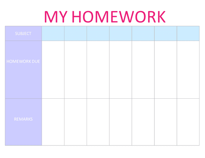Homework planner in Word and Pdf formats