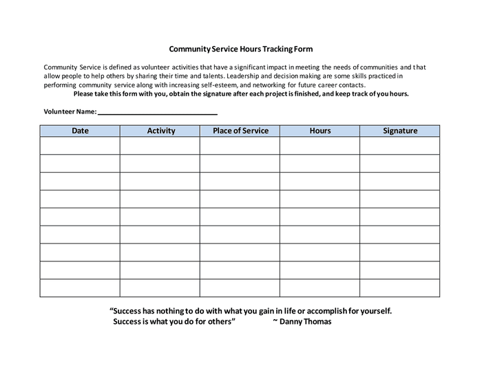 Community service hours tracking form in Word and Pdf formats