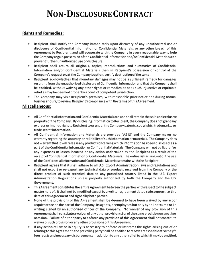 Non-disclosure contract in Word and Pdf formats