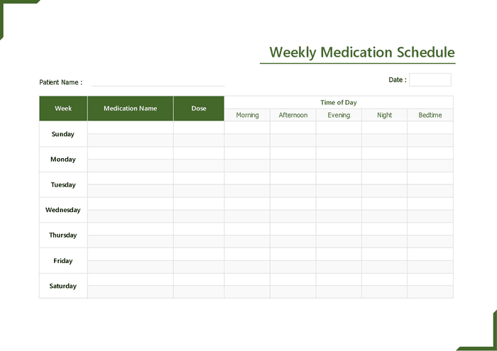Weekly medication schedule in Word and Pdf formats