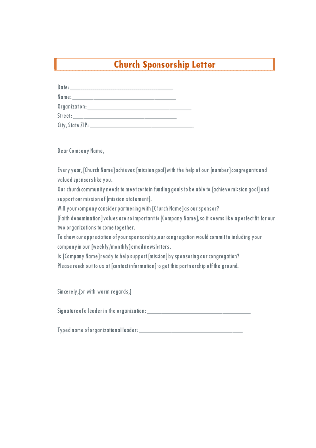 Church sponsorship letter in Word and Pdf formats