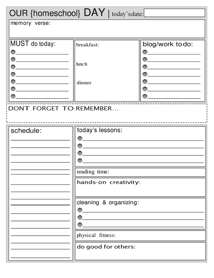 Homeschool schedule template in Word and Pdf formats