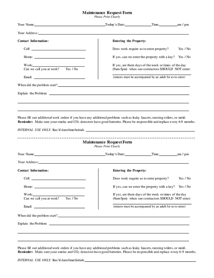 Maintenance request form in Word and Pdf formats