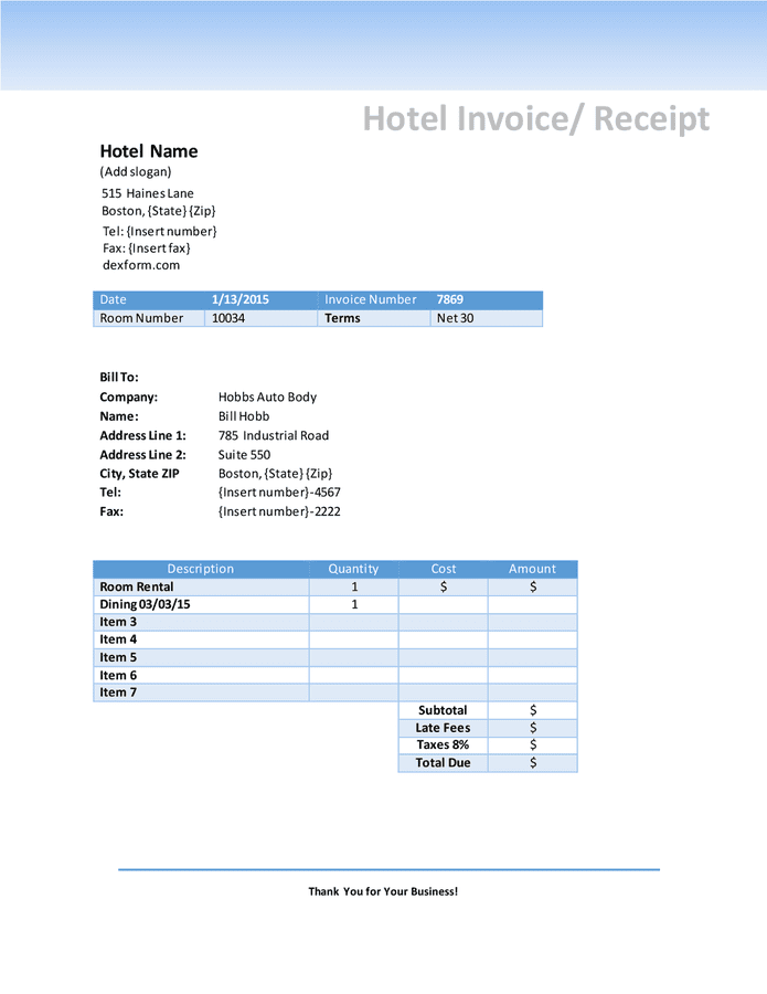 Hotel invoice receipt in Word and Pdf formats