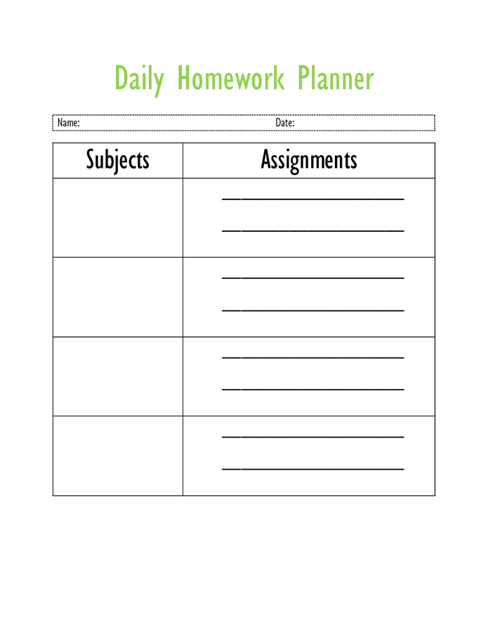 Daily homework planner in Word and Pdf formats