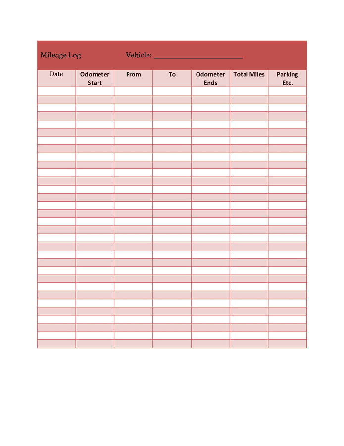 Mileage log template in Word and Pdf formats