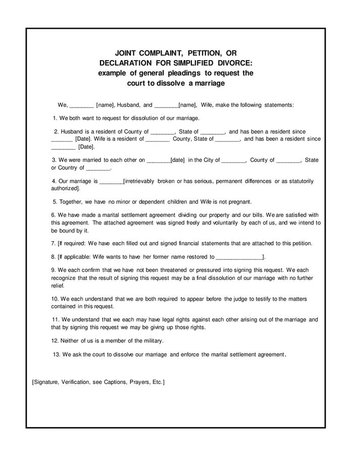 Declaration for simplified divorce in Word and Pdf formats