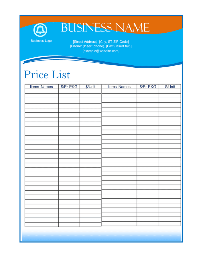 Price List - download free documents for PDF, Word and Excel