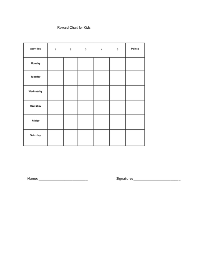 Reward chart for kids in Word and Pdf formats