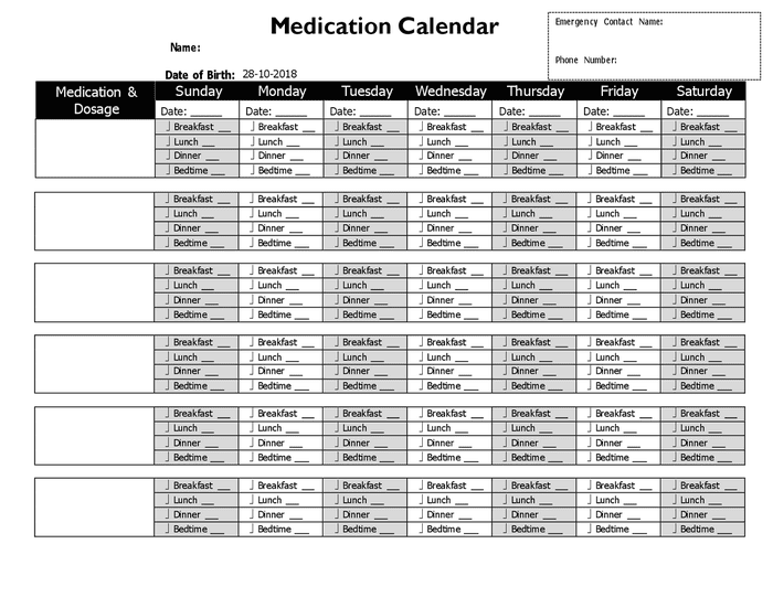 Medication calendar in Word and Pdf formats